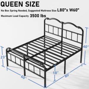 Breezehome Queen Size Bed Frame with Headboard, 18in High, Heavy Duty Metal Platform Bed Frame, Noise Free, Easy Assembly, No Box Spring Needed, Black