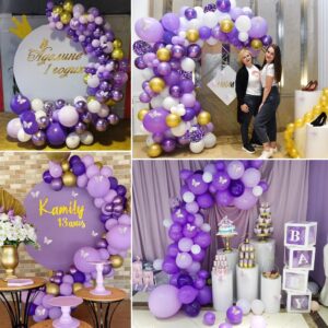 Purple Balloon Garland Kit, FEBALHS Purple Gold and White Balloons with Butterflies Stickers Dark Purple Light Purple Balloons for Birthday Party Baby Showers Sweet 16 Celebrations (Purple)