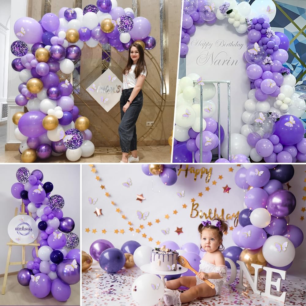 Purple Balloon Garland Kit, FEBALHS Purple Gold and White Balloons with Butterflies Stickers Dark Purple Light Purple Balloons for Birthday Party Baby Showers Sweet 16 Celebrations (Purple)