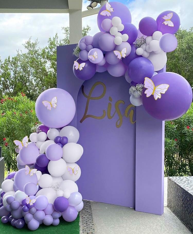 Purple Balloon Garland Kit, FEBALHS Purple Gold and White Balloons with Butterflies Stickers Dark Purple Light Purple Balloons for Birthday Party Baby Showers Sweet 16 Celebrations (Purple)