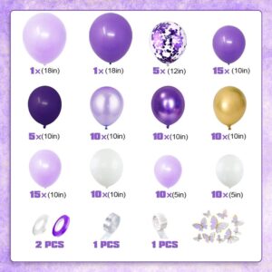 Purple Balloon Garland Kit, FEBALHS Purple Gold and White Balloons with Butterflies Stickers Dark Purple Light Purple Balloons for Birthday Party Baby Showers Sweet 16 Celebrations (Purple)