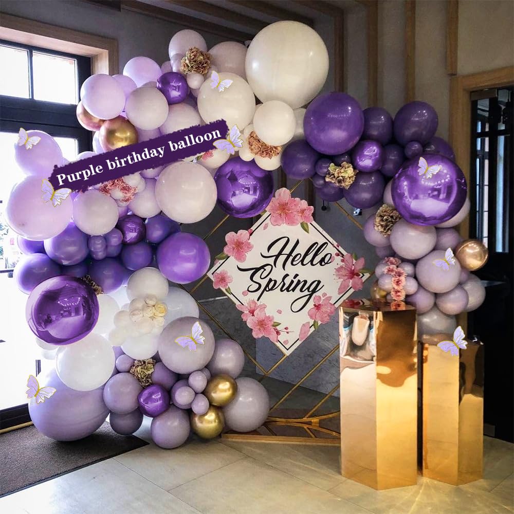 Purple Balloon Garland Kit, FEBALHS Purple Gold and White Balloons with Butterflies Stickers Dark Purple Light Purple Balloons for Birthday Party Baby Showers Sweet 16 Celebrations (Purple)