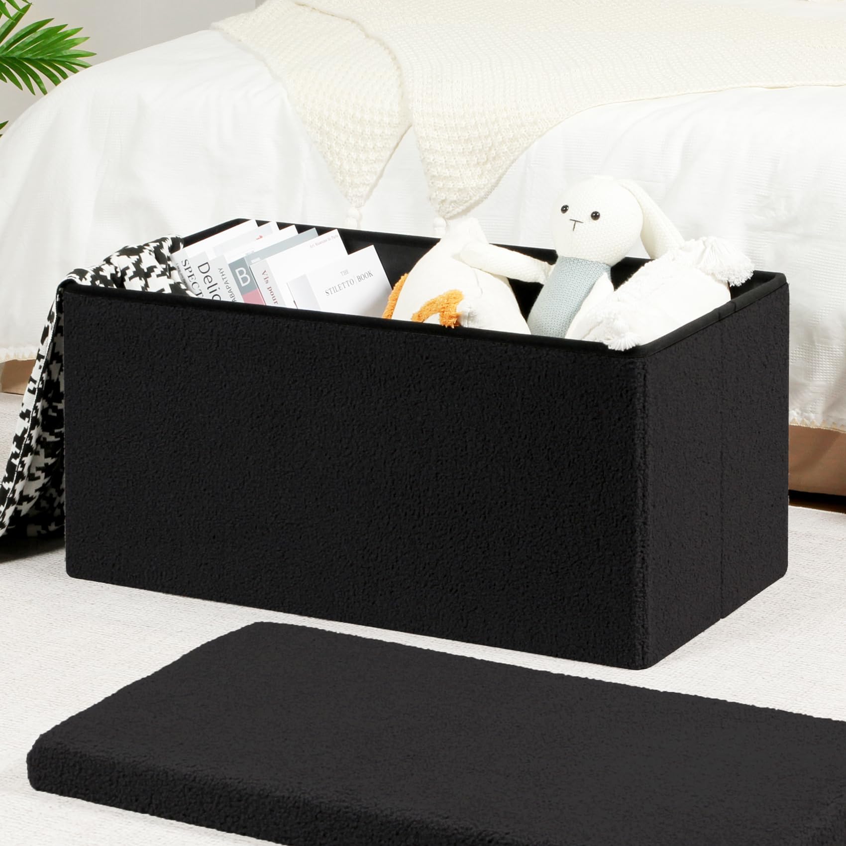 PINPLUS Folding Storage Ottoman Bench, Black Sherpa Ottoman with Storage for Living Room, Long Shoes Bench, Storage Chest Toy Boxes Footrest Bench for Bedroom, Living Room, Entryway, 31.5Inches