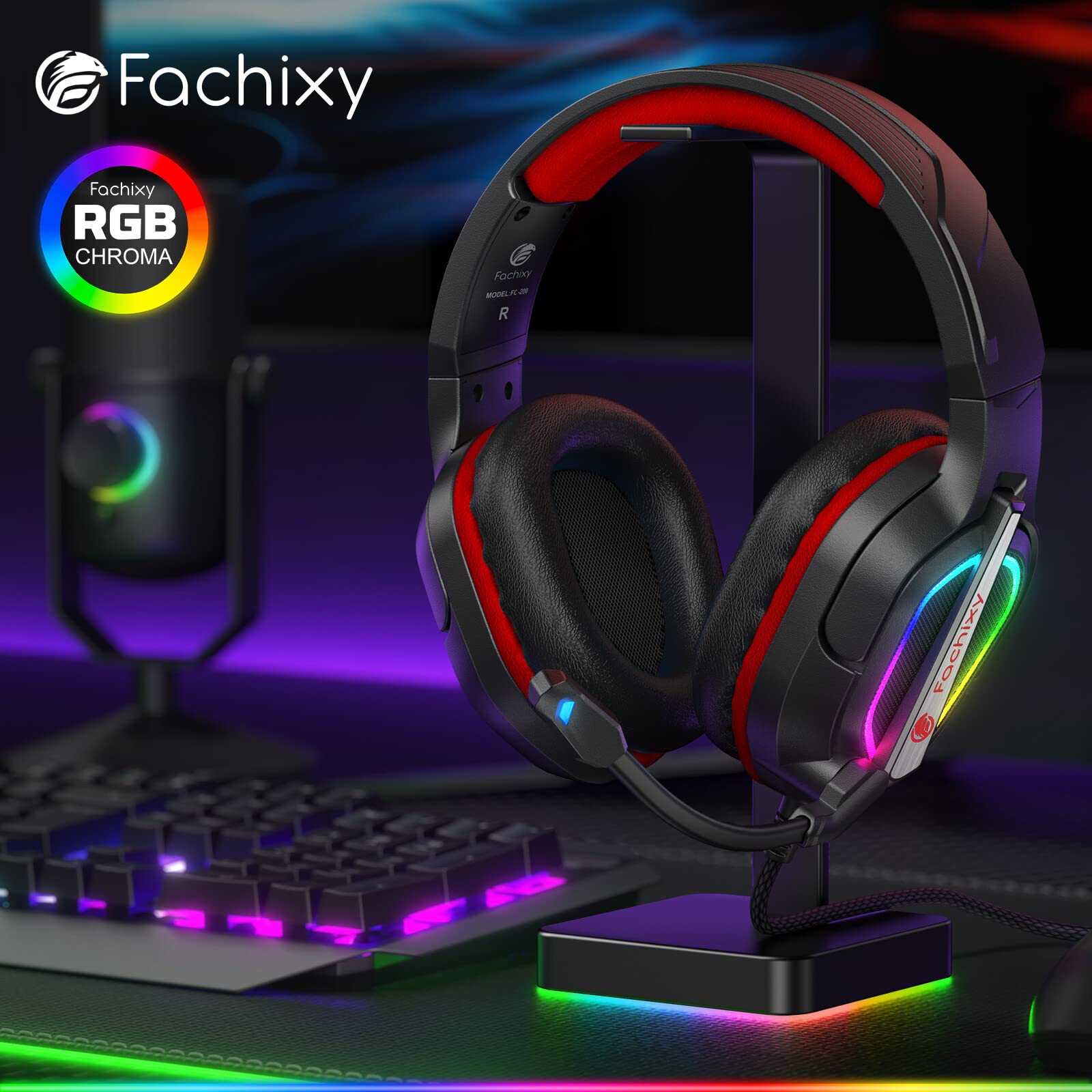 Fachixy「2024 New」FC200 PC Gaming Headset for PS4/PS5/Xbox One, Noise Canceling Headset with Stereo Microphone Sound, Computer Headset with 3.5mm Jack & RGB Light