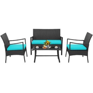 tangkula 4 pieces rattan conversation set, patio sofa couch set with tempered glass coffee table, seat cushions, outdoor wicker loveseat set for poolside, courtyard, balcony (1, turquoise)