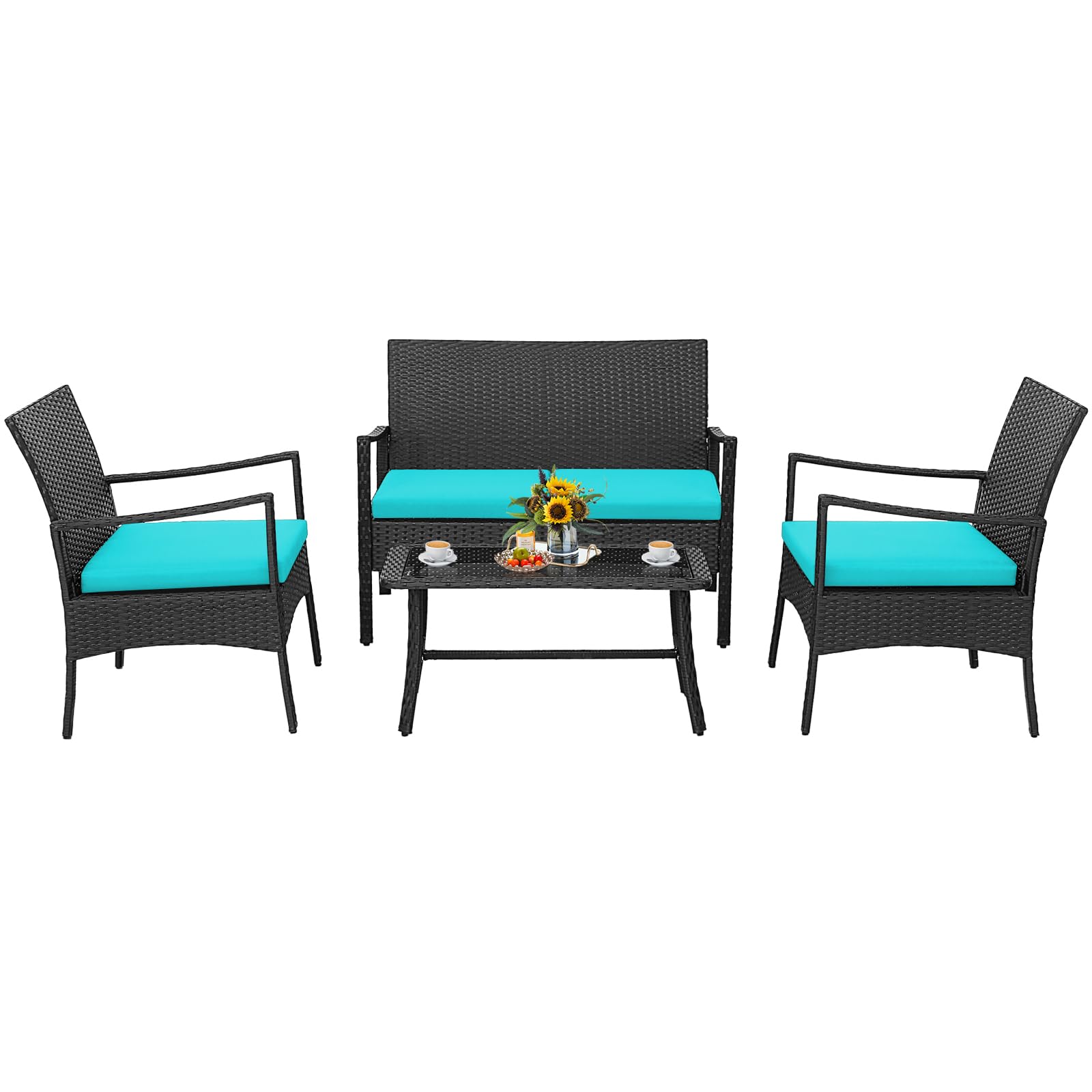 Tangkula 4 Pieces Rattan Conversation Set, Patio Sofa Couch Set with Tempered Glass Coffee Table, Seat Cushions, Outdoor Wicker Loveseat Set for Poolside, Courtyard, Balcony (1, Turquoise)