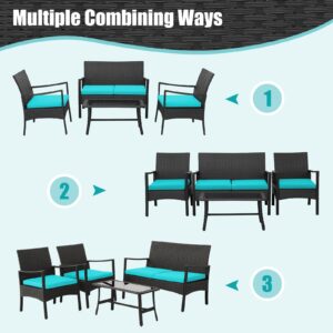 Tangkula 4 Pieces Rattan Conversation Set, Patio Sofa Couch Set with Tempered Glass Coffee Table, Seat Cushions, Outdoor Wicker Loveseat Set for Poolside, Courtyard, Balcony (1, Turquoise)