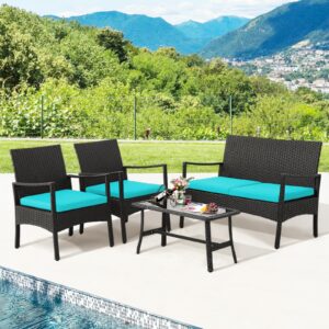 Tangkula 4 Pieces Rattan Conversation Set, Patio Sofa Couch Set with Tempered Glass Coffee Table, Seat Cushions, Outdoor Wicker Loveseat Set for Poolside, Courtyard, Balcony (1, Turquoise)