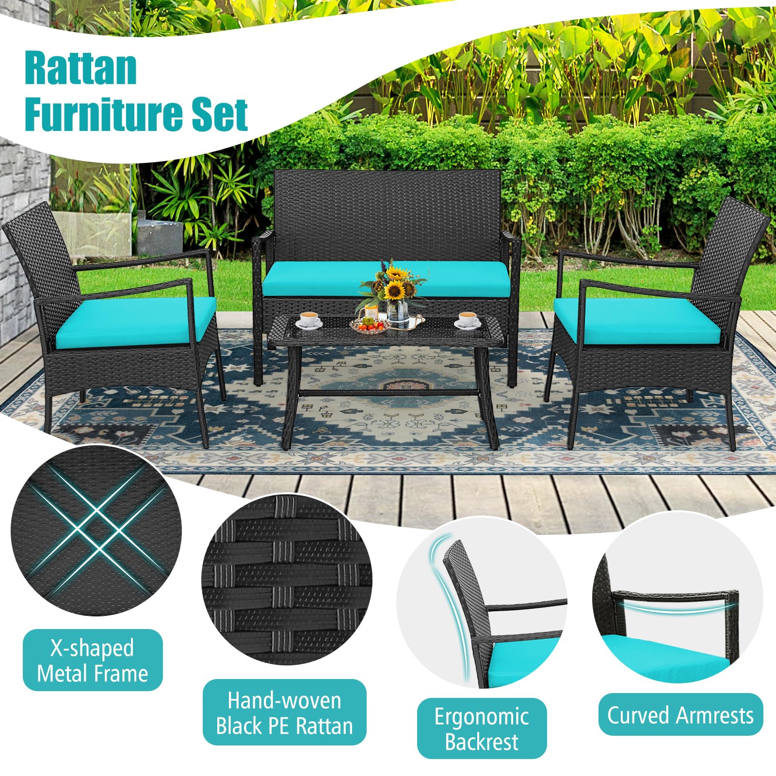 Tangkula 4 Pieces Rattan Conversation Set, Patio Sofa Couch Set with Tempered Glass Coffee Table, Seat Cushions, Outdoor Wicker Loveseat Set for Poolside, Courtyard, Balcony (1, Turquoise)