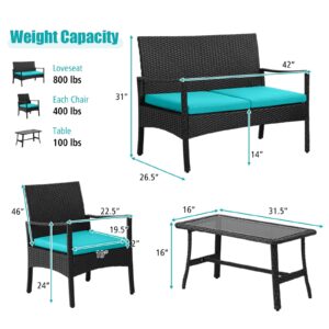 Tangkula 4 Pieces Rattan Conversation Set, Patio Sofa Couch Set with Tempered Glass Coffee Table, Seat Cushions, Outdoor Wicker Loveseat Set for Poolside, Courtyard, Balcony (1, Turquoise)