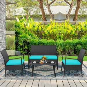 Tangkula 4 Pieces Rattan Conversation Set, Patio Sofa Couch Set with Tempered Glass Coffee Table, Seat Cushions, Outdoor Wicker Loveseat Set for Poolside, Courtyard, Balcony (1, Turquoise)