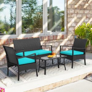 Tangkula 4 Pieces Rattan Conversation Set, Patio Sofa Couch Set with Tempered Glass Coffee Table, Seat Cushions, Outdoor Wicker Loveseat Set for Poolside, Courtyard, Balcony (1, Turquoise)