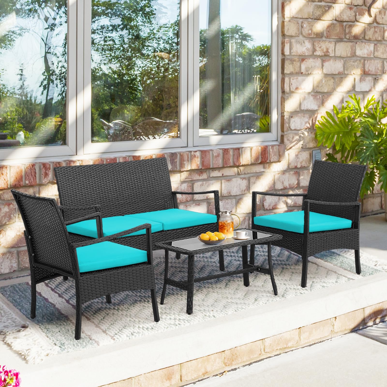 Tangkula 4 Pieces Rattan Conversation Set, Patio Sofa Couch Set with Tempered Glass Coffee Table, Seat Cushions, Outdoor Wicker Loveseat Set for Poolside, Courtyard, Balcony (1, Turquoise)