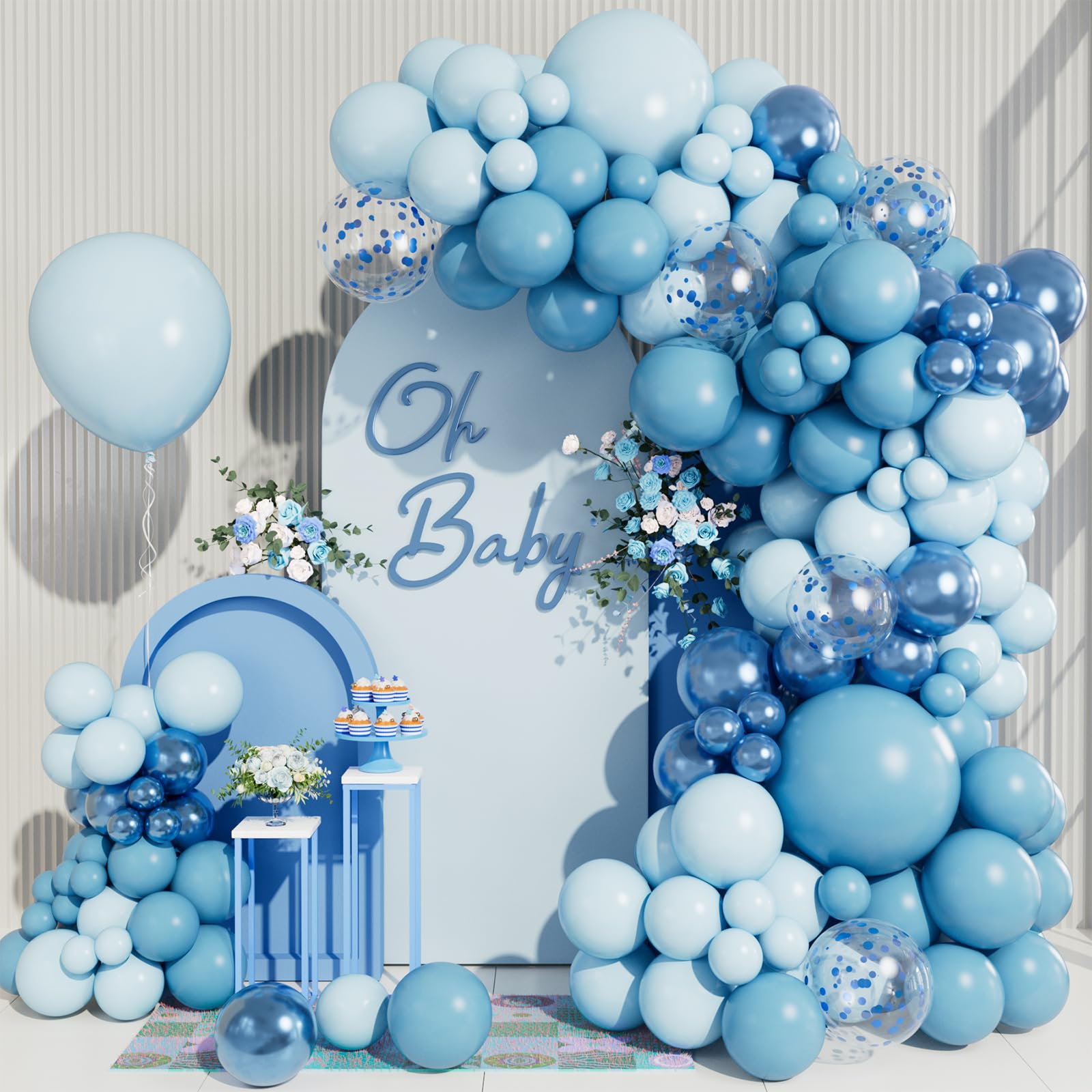 138pcs Blue Balloon Arch Garland Kit with Different Size Metallic Macaron Pastel Blue Confetti Balloons for Baby Shower Birthday Wedding Ocean Themed Party. Background Party Decoration