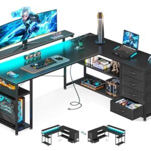 AODK 61" L Shaped Desk with Drawer, Computer Desk with Power Outlets & LED Lights, Reversible Corner Gaming Desk for Home Office Workstation, Office Desk with Monitor Shelf, Pure Black