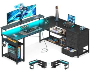 aodk 61" l shaped desk with drawer, computer desk with power outlets & led lights, reversible corner gaming desk for home office workstation, office desk with monitor shelf, pure black