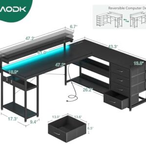 AODK 61" L Shaped Desk with Drawer, Computer Desk with Power Outlets & LED Lights, Reversible Corner Gaming Desk for Home Office Workstation, Office Desk with Monitor Shelf, Pure Black