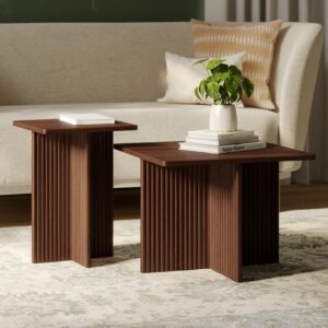 square fluted nesting coffee table - low profile 2 piece square coffee table set - living room furniture - modern home decor - solid oak base (walnut)