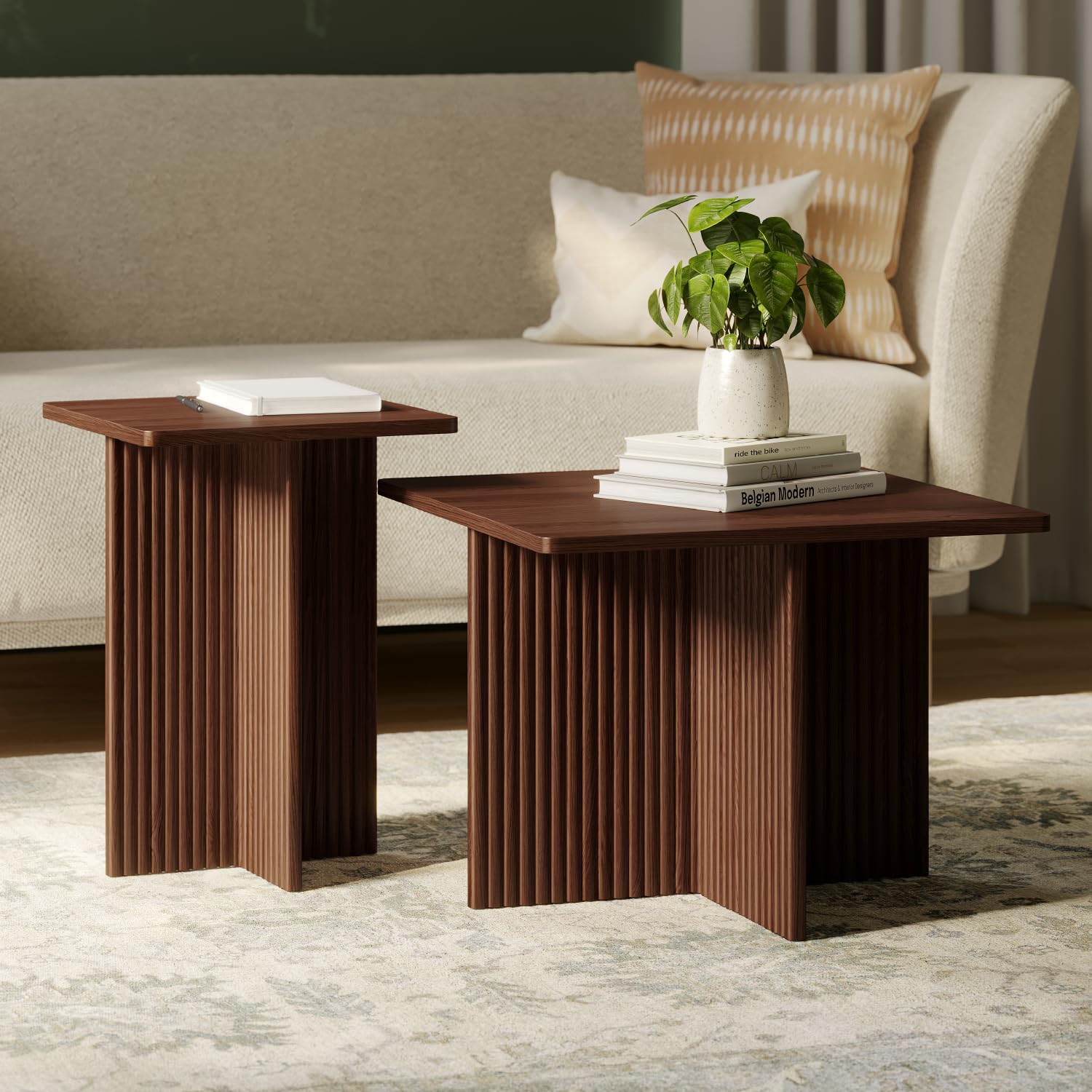 Square Fluted Nesting Coffee Table - Low Profile 2 Piece Square Coffee Table Set - Living Room Furniture - Modern Home Decor - Solid Oak Base (Walnut)