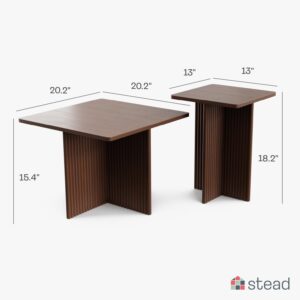 Square Fluted Nesting Coffee Table - Low Profile 2 Piece Square Coffee Table Set - Living Room Furniture - Modern Home Decor - Solid Oak Base (Walnut)