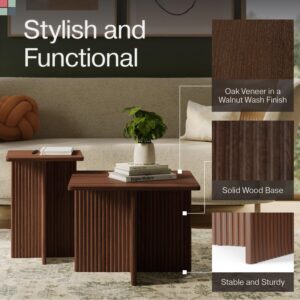 Square Fluted Nesting Coffee Table - Low Profile 2 Piece Square Coffee Table Set - Living Room Furniture - Modern Home Decor - Solid Oak Base (Walnut)