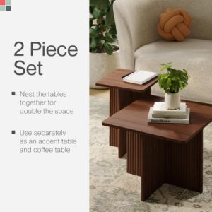 Square Fluted Nesting Coffee Table - Low Profile 2 Piece Square Coffee Table Set - Living Room Furniture - Modern Home Decor - Solid Oak Base (Walnut)