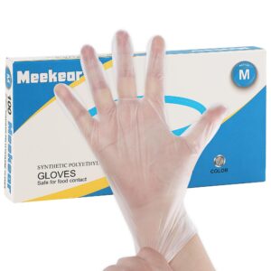 meekear food prep disposable gloves, tpe clear latex-free food safe cleaning gloves, bpa free, powder free, oil tight (100, medium)