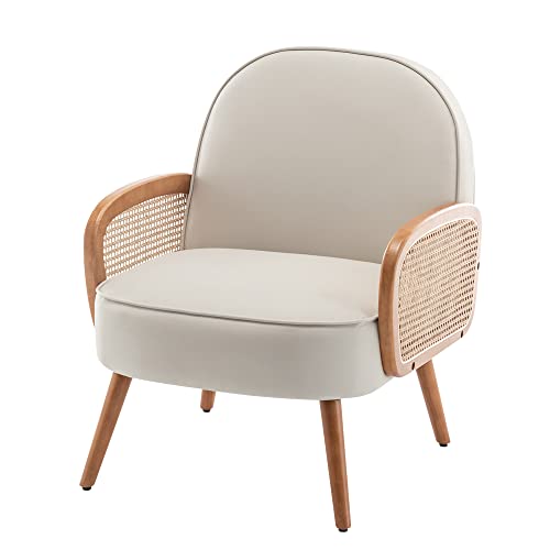 SHINEBOOM Accent Chairs Rattan Comfy Upholstered Modern Arm Chair for Living Room Reading Bedroom Balcony Faux Leather Chair, Beige