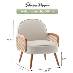 SHINEBOOM Accent Chairs Rattan Comfy Upholstered Modern Arm Chair for Living Room Reading Bedroom Balcony Faux Leather Chair, Beige