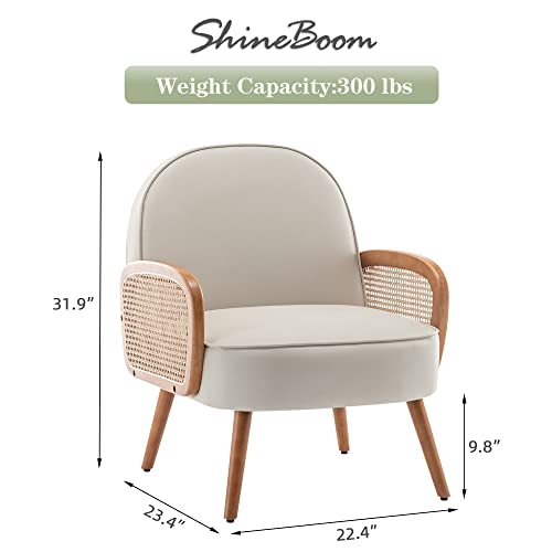 SHINEBOOM Accent Chairs Rattan Comfy Upholstered Modern Arm Chair for Living Room Reading Bedroom Balcony Faux Leather Chair, Beige