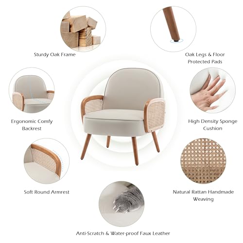 SHINEBOOM Accent Chairs Rattan Comfy Upholstered Modern Arm Chair for Living Room Reading Bedroom Balcony Faux Leather Chair, Beige