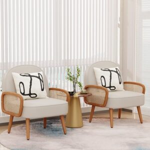 SHINEBOOM Accent Chairs Rattan Comfy Upholstered Modern Arm Chair for Living Room Reading Bedroom Balcony Faux Leather Chair, Beige