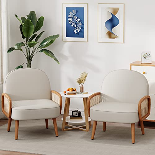 SHINEBOOM Accent Chairs Rattan Comfy Upholstered Modern Arm Chair for Living Room Reading Bedroom Balcony Faux Leather Chair, Beige