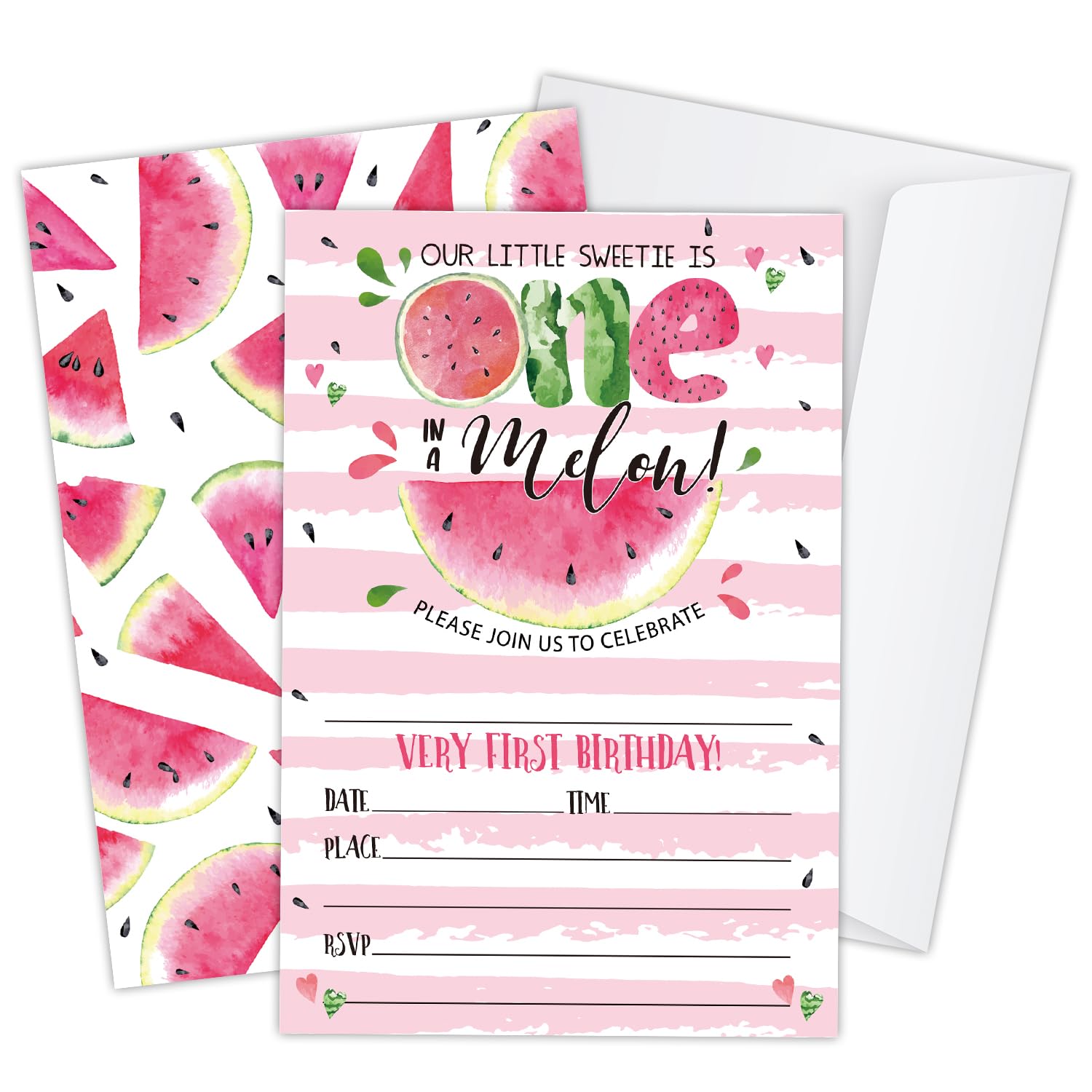 haipino Birthday Party Invitations for Girls Kids, Watermelon Birthday Invites (20 Sets 4" x 6" Cards with Envelopes) - JY655