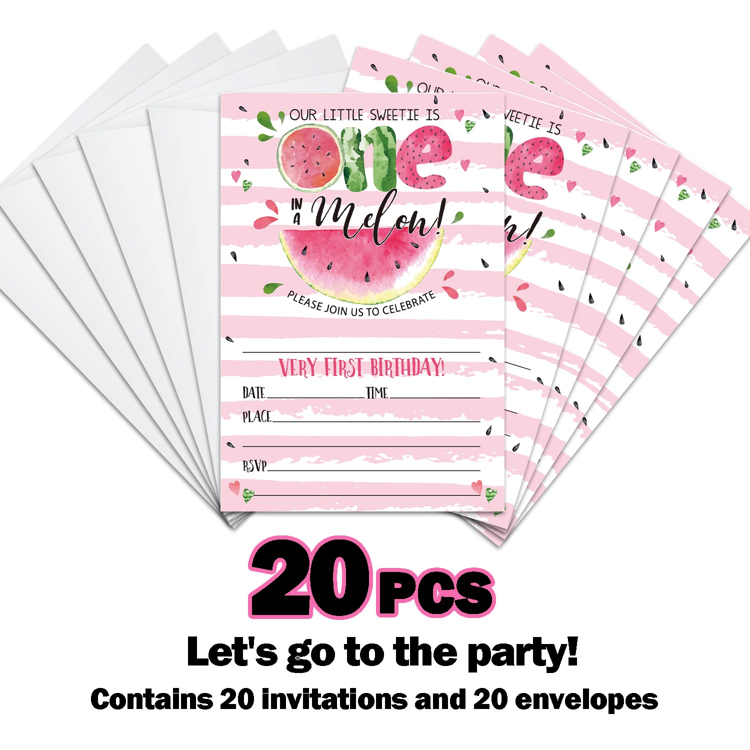 haipino Birthday Party Invitations for Girls Kids, Watermelon Birthday Invites (20 Sets 4" x 6" Cards with Envelopes) - JY655