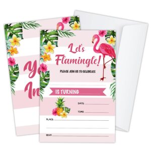 let's flamingle birthday party invitation cards, summer flamingo & palm leaves pineapple invitation for kids girls boys luau birthday party celebration supplies, 20 invitations with envelopes - jy646