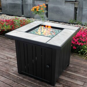 outvue 30" propane fire pit with real ceramic tabletop, 50000 btu gas fire pit table with lid & glass rock, outdoor fire pit for dining or party, firepit for outside, patio, garden, yard