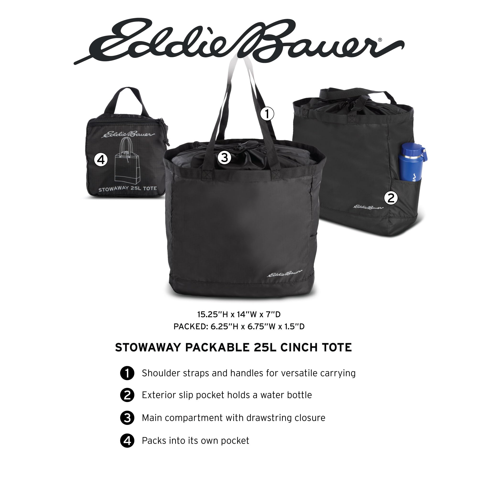 Eddie Bauer Stowaway Packable 25L Cinch Tote with Adjustable Cord-Lock Closure and Exterior Slip Pocket, Onyx