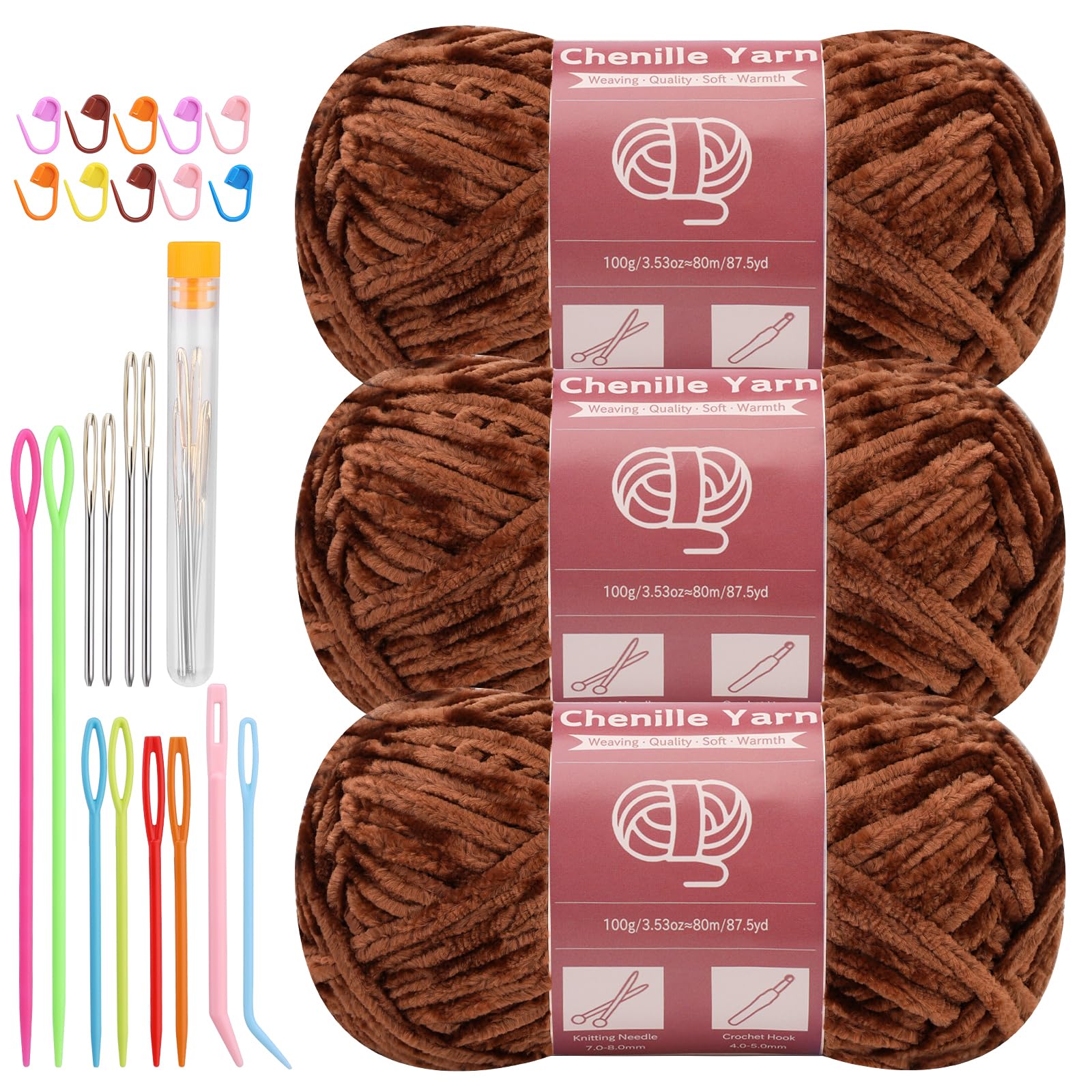 LUNARM 3 * 100g Chenille Yarn, Yarn for Crocheting Knitting with Big Eye Needles, Handcrafts Weaving Soft Chenille Yarn for Making Blankets, Clothes, Pattern Knitting Creations (Brown)