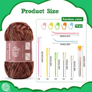 LUNARM 3 * 100g Chenille Yarn, Yarn for Crocheting Knitting with Big Eye Needles, Handcrafts Weaving Soft Chenille Yarn for Making Blankets, Clothes, Pattern Knitting Creations (Brown)