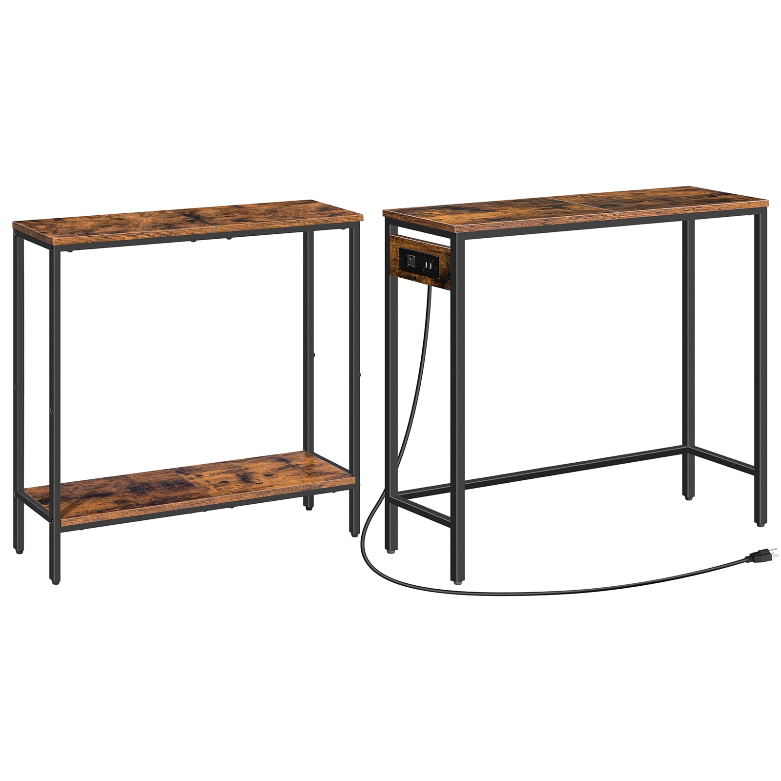 HOOBRO 2 Pack 29.5 Inches Narrow Console Table with Outlets, Small Sofa Table, Entryway Table with Shelves, Side Table, Display Table, for Hallway, Bedroom, Foyer, Living Room, Rustic Brown and Black