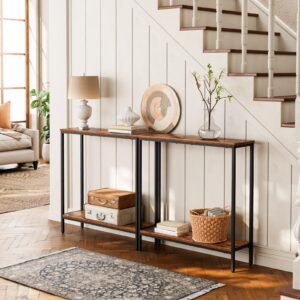 HOOBRO 2 Pack 29.5 Inches Narrow Console Table with Outlets, Small Sofa Table, Entryway Table with Shelves, Side Table, Display Table, for Hallway, Bedroom, Foyer, Living Room, Rustic Brown and Black