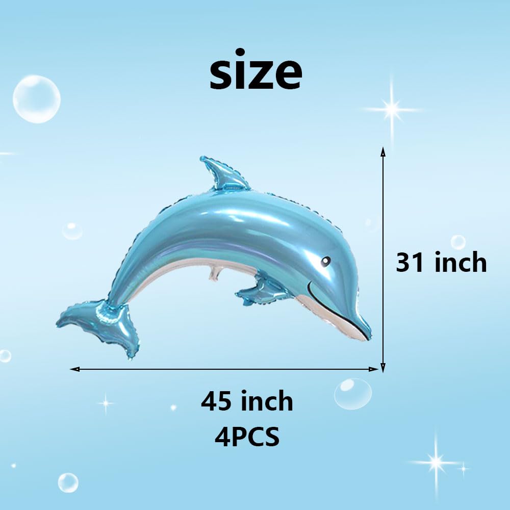 Siticoto 4 Pcs Dolphin Balloons, 45 Inch Giant Dolphin Shape Foil Mylar Balloons for Ocean Animal Theme Party Birthday Baby Shower Supplies, Wedding Party Office Hotel Event Decorations