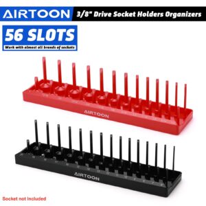 AIRTOON 3/8-Inch Drive Socket Organizer Trays, 2-Piece SAE and Metric Socket Tray Set, Deep and Standard Socket Holders Organizers for Toolbox, Black & Red