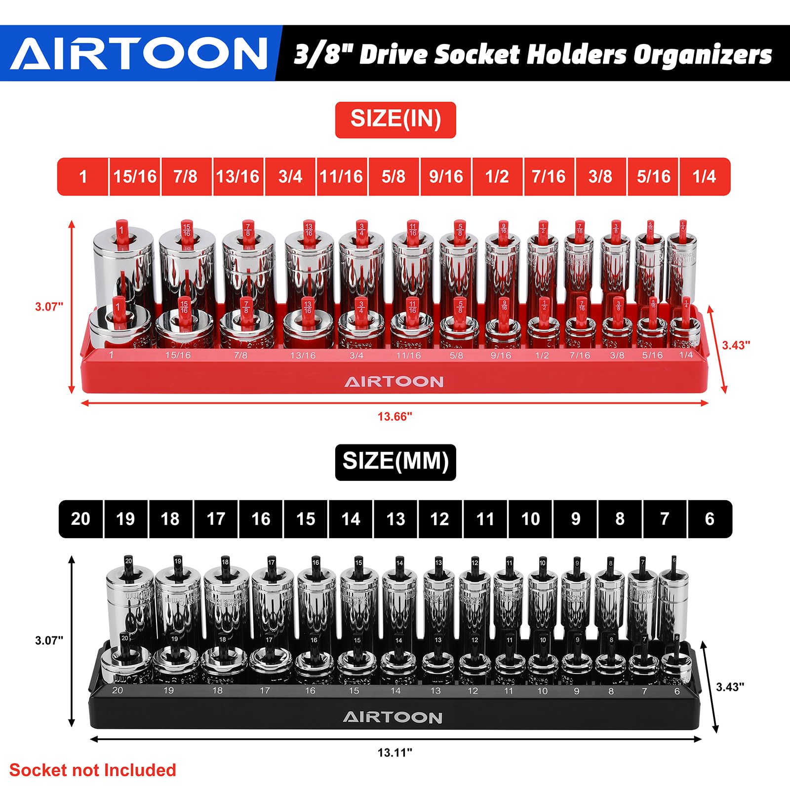 AIRTOON 3/8-Inch Drive Socket Organizer Trays, 2-Piece SAE and Metric Socket Tray Set, Deep and Standard Socket Holders Organizers for Toolbox, Black & Red