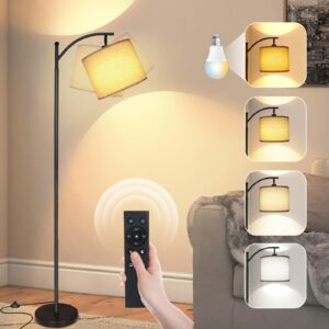 2024 led floor lamps for living room, 12w 1200lm modern arc floor lamp with remote & adjustable linen lampshade, 12 color temperature stepless dimmable tall standing lamp for bedroom office reading