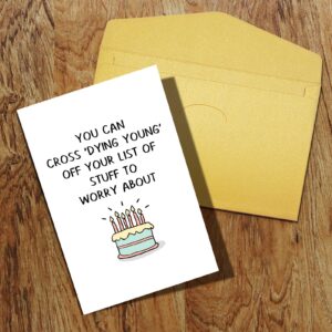 Qiliji Funny Getting Older Birthday Card for Men Women, Humorous Happy Birthday Card for Him Her, Old Age Bday Greeting Card, Cross off Dying Young