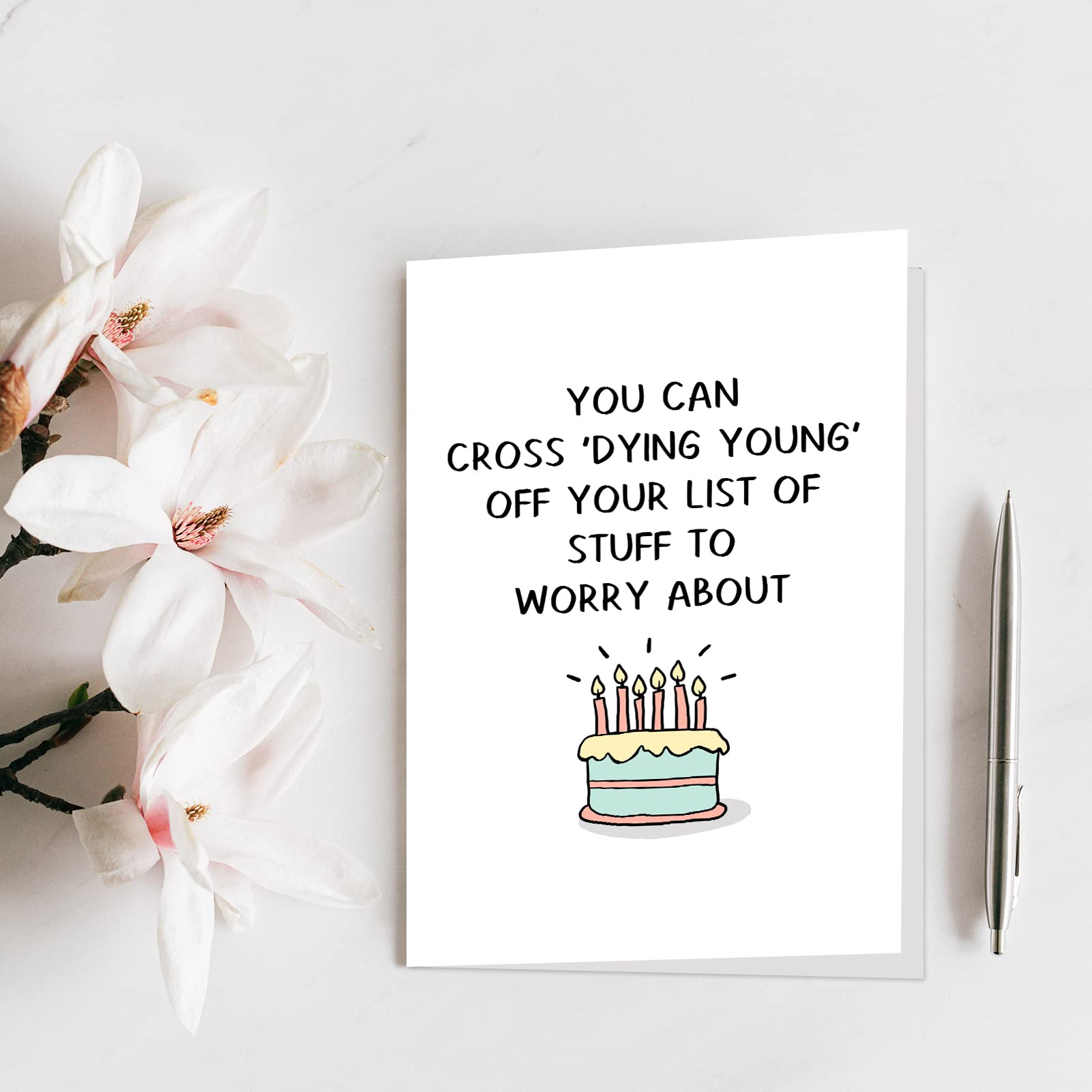 Qiliji Funny Getting Older Birthday Card for Men Women, Humorous Happy Birthday Card for Him Her, Old Age Bday Greeting Card, Cross off Dying Young