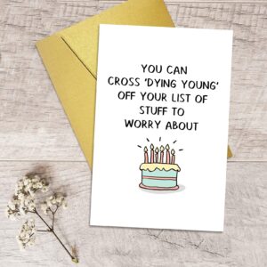 Qiliji Funny Getting Older Birthday Card for Men Women, Humorous Happy Birthday Card for Him Her, Old Age Bday Greeting Card, Cross off Dying Young