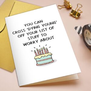 Qiliji Funny Getting Older Birthday Card for Men Women, Humorous Happy Birthday Card for Him Her, Old Age Bday Greeting Card, Cross off Dying Young